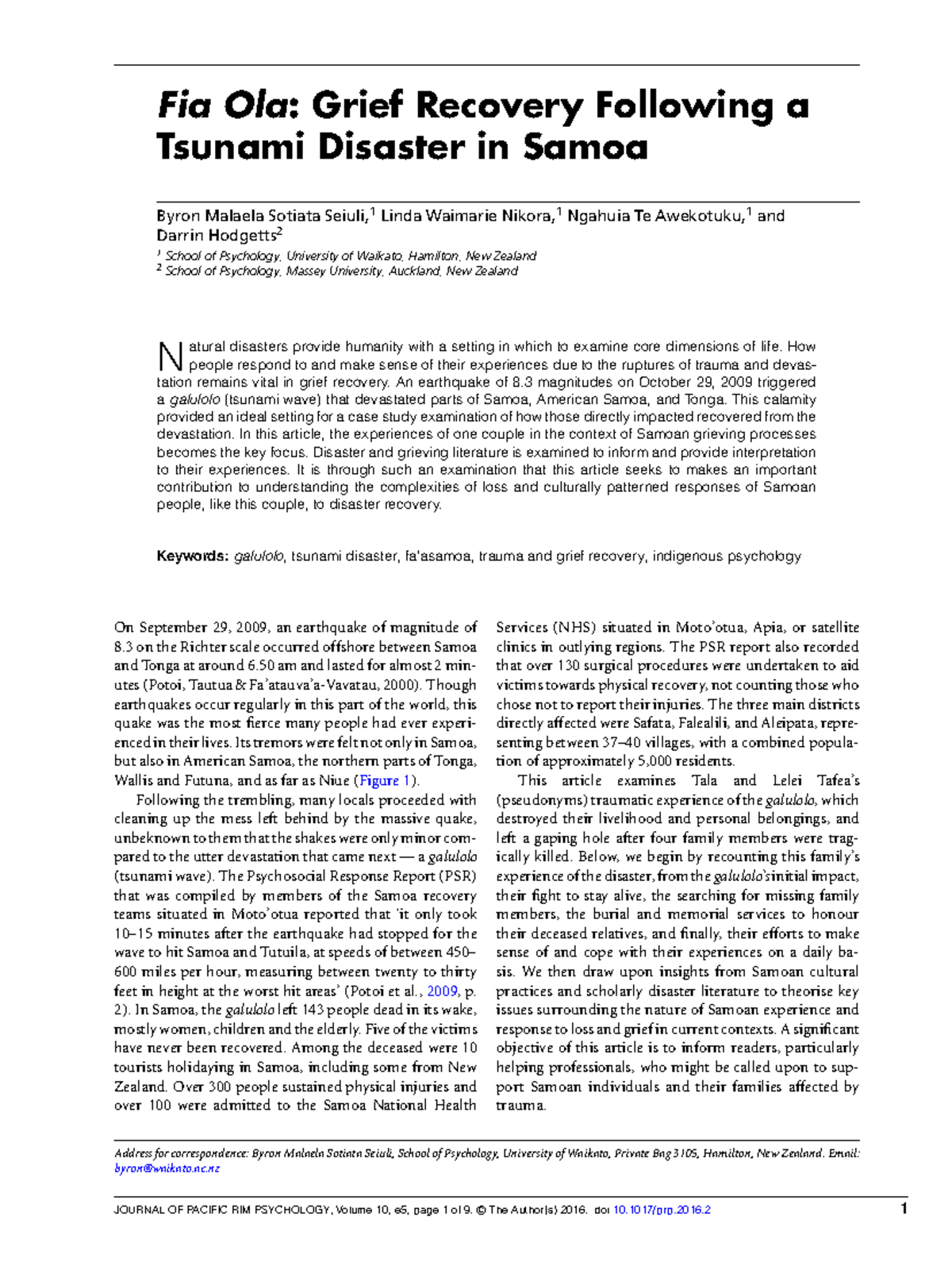 Fia Ola - Grief recovery following a tsunami disaster in Samoa - case ...