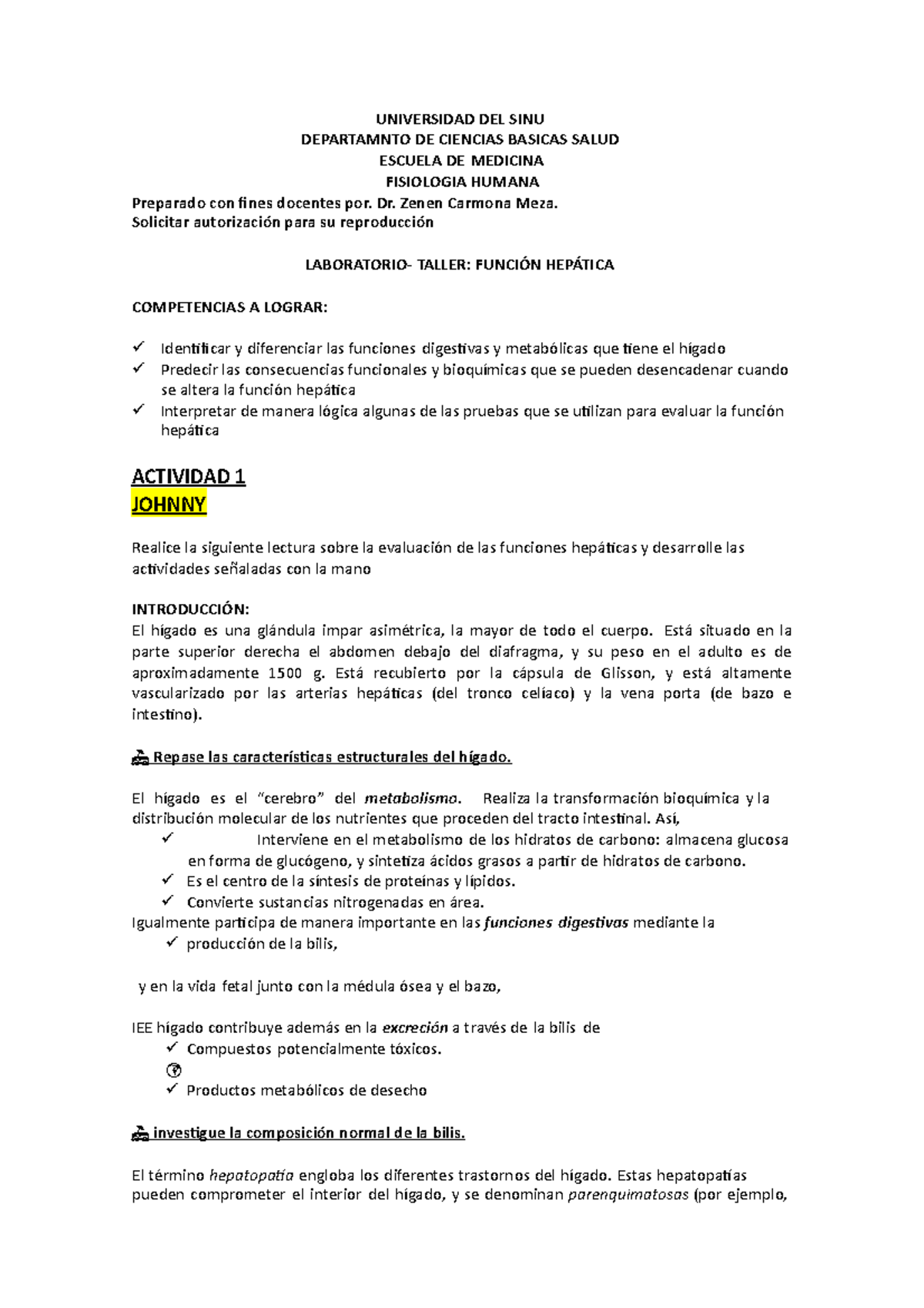 Laboratorio- Taller Funcion Hepatica 2021-2 - UNIVERSIDAD DEL SINU ...