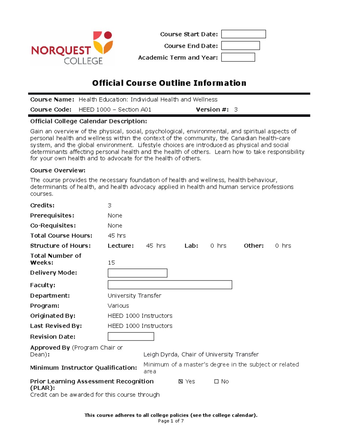 HEED 1000, Course Outline, A01, Winter 2022 - Course Start Date: Course ...