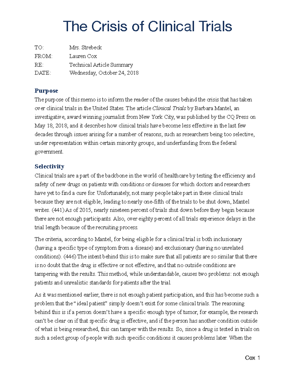 Article Review Assignment - The Crisis of Clinical Trials TO: FROM: RE ...