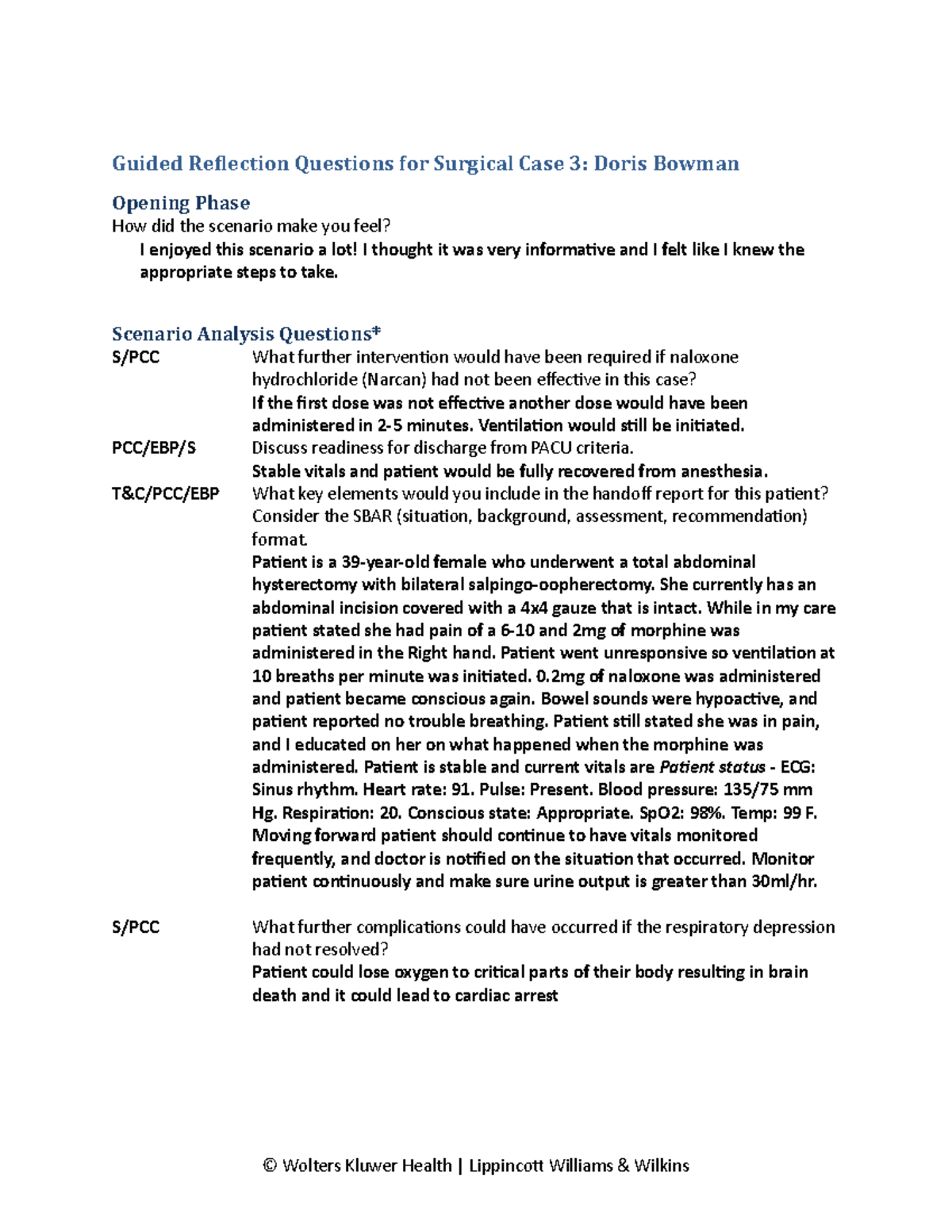 VSIM doris bowman guided relfection - Guided Reflection Questions for Surgical Case 3: Doris ...
