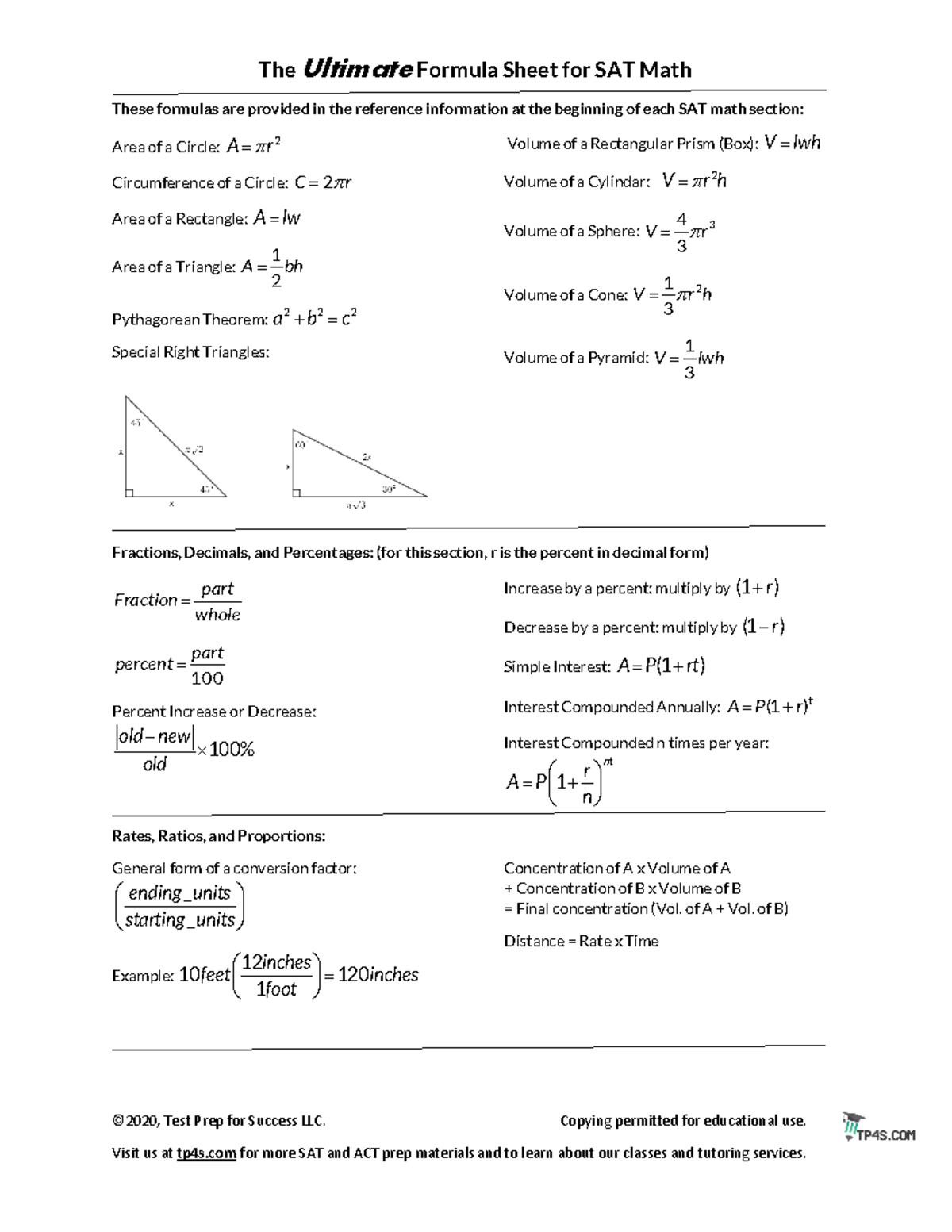 Formula Sheet for the SAT - ####### ©2020, Test Prep for Success LLC ...
