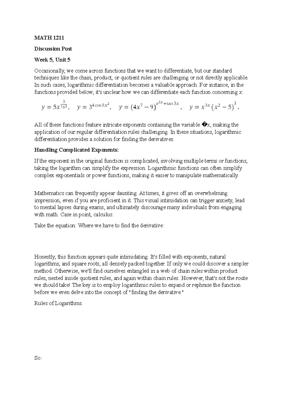 MATH 1211 Discussion Post Unit 5 - MATH 1211 Discussion Post Week 5 ...