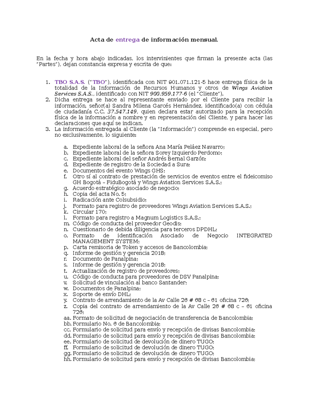 Copia de Modelo - Acta de entregan de información mensual 2 - Acta de ...