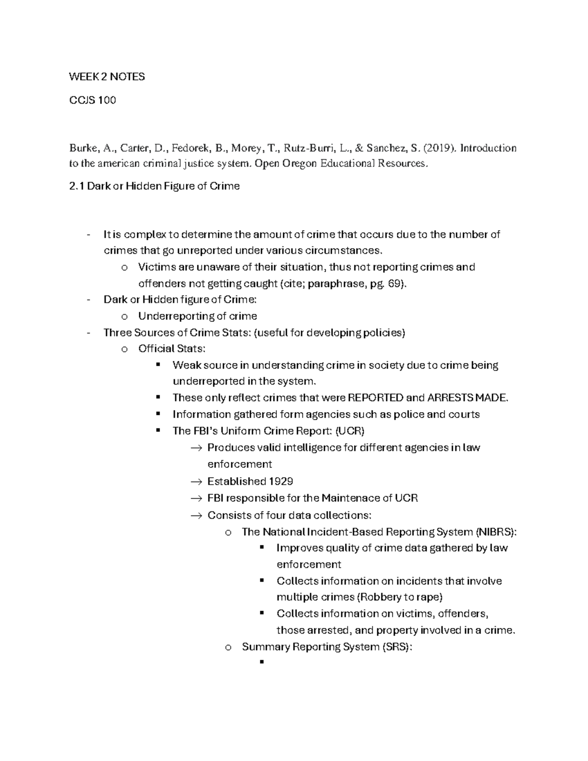 WEEK 2 Notes CCJS 100 - WEEK 2 NOTES CCJS 100 Burke, A., Carter, D ...