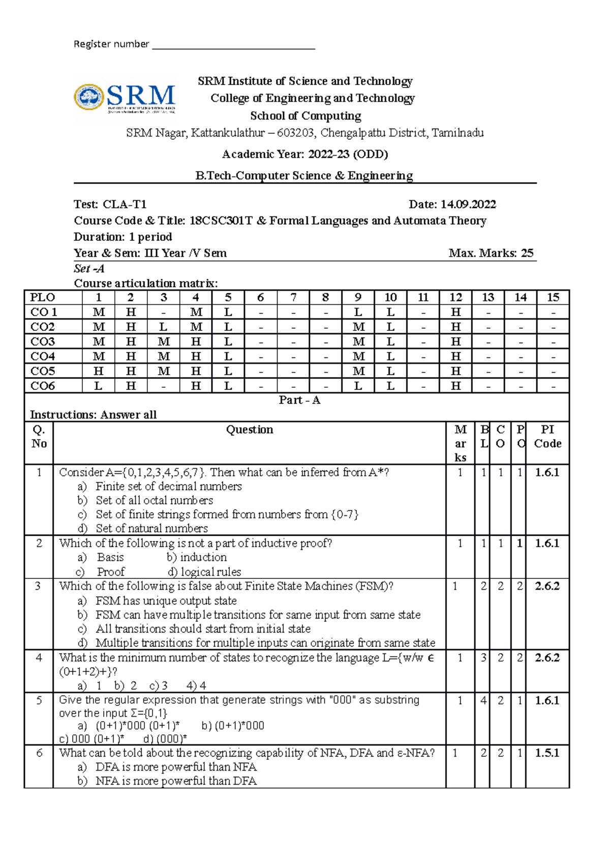 Ct1 101931 18csc301t Set A Qp Register Number Srm Institute Of