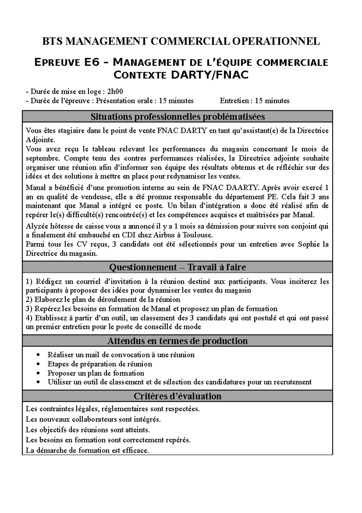 Fiche Sénario E6 Réunion et Formation - BTS MANAGEMENT COMMERCIAL OPERATIONNEL EPREUVE E6 ...