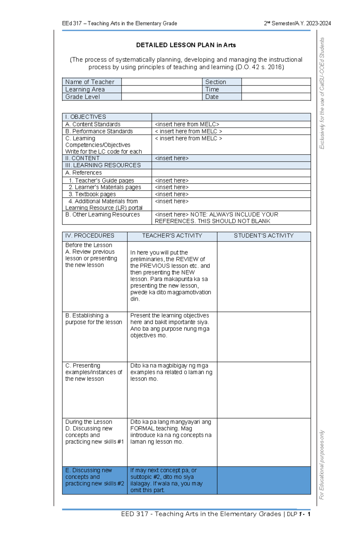 Lesson Plan Template Teaching the Visual Arts - Exclusively for the use ...