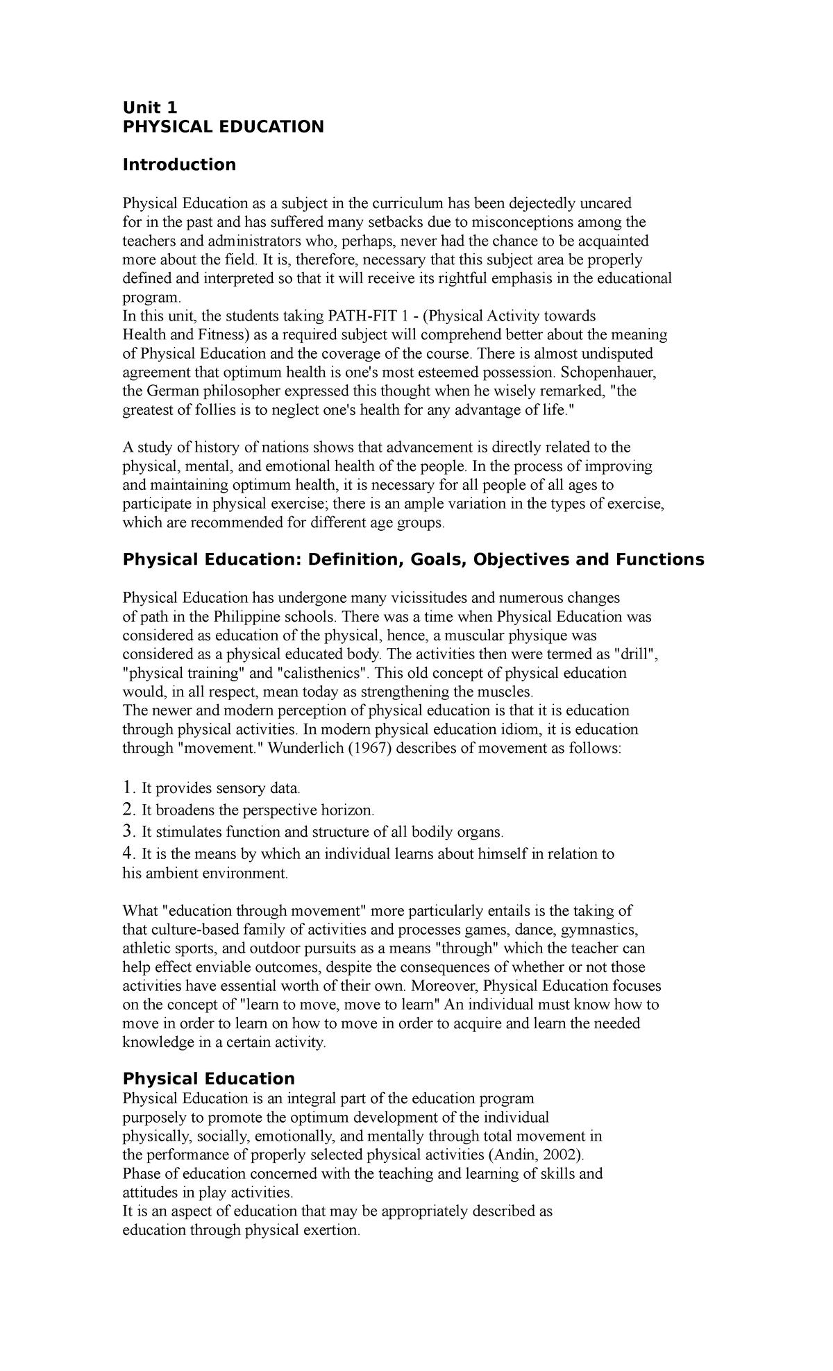 PE 11 Unit 1 - Physical education lectures. - Unit 1 PHYSICAL EDUCATION ...