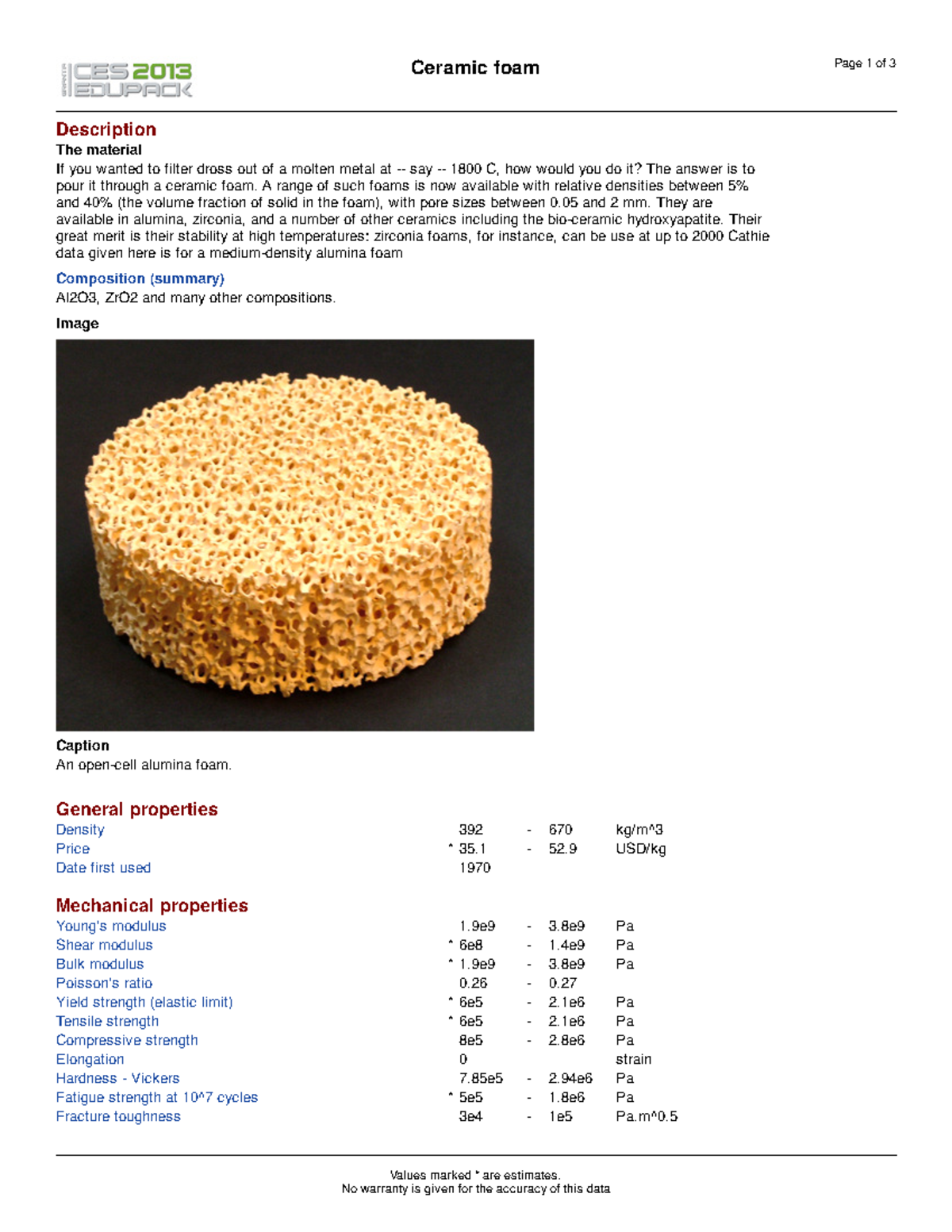 Ceramic foam - dda - Ceramic foam Page 1 of 3 Values marked * are ...