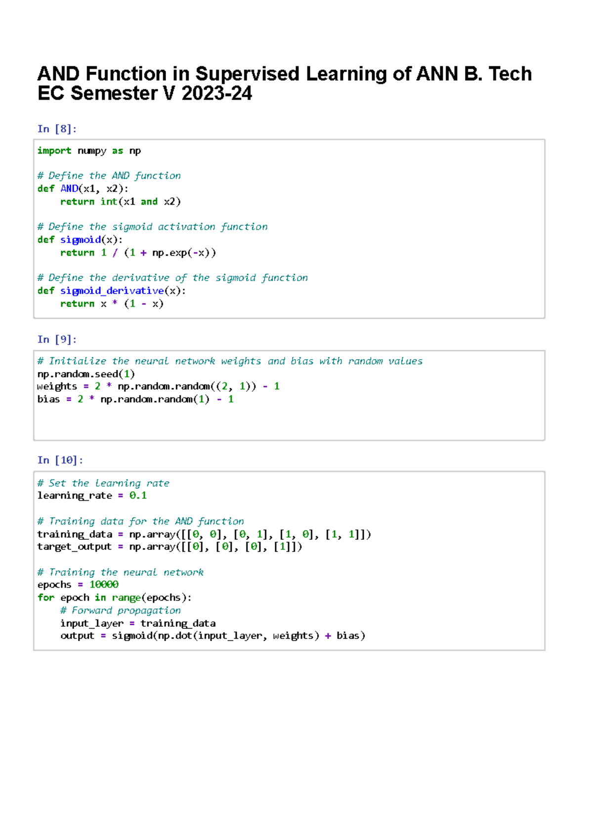Supervised ANN - AND Function in Supervised Learning of ANN B. Tech EC ...