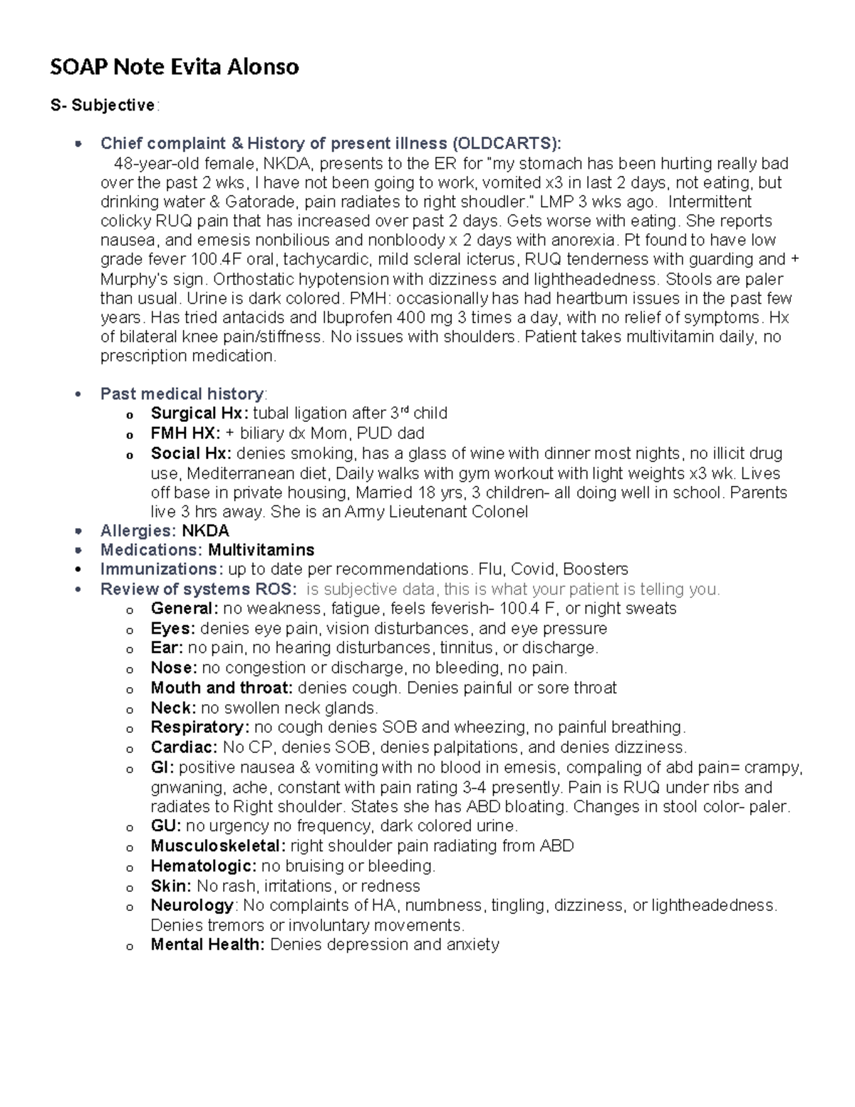 Evita SOAP note - SOAP note - SOAP Note Evita Alonso S- Subjective ...