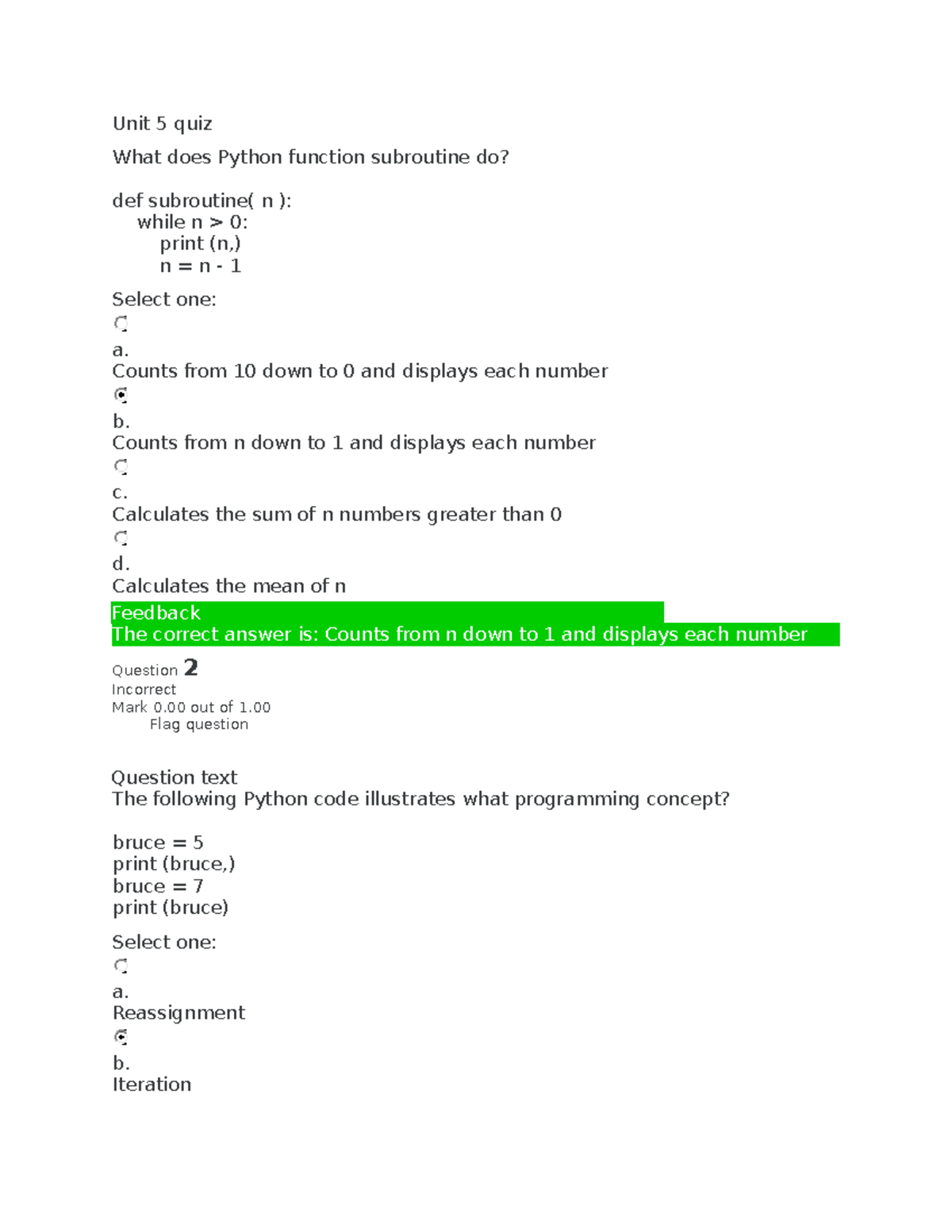 Unit 5 Quiz Unit 5 Quiz Unit 5 Quiz What Does Python Function Subroutine Do Def Subroutine 8846