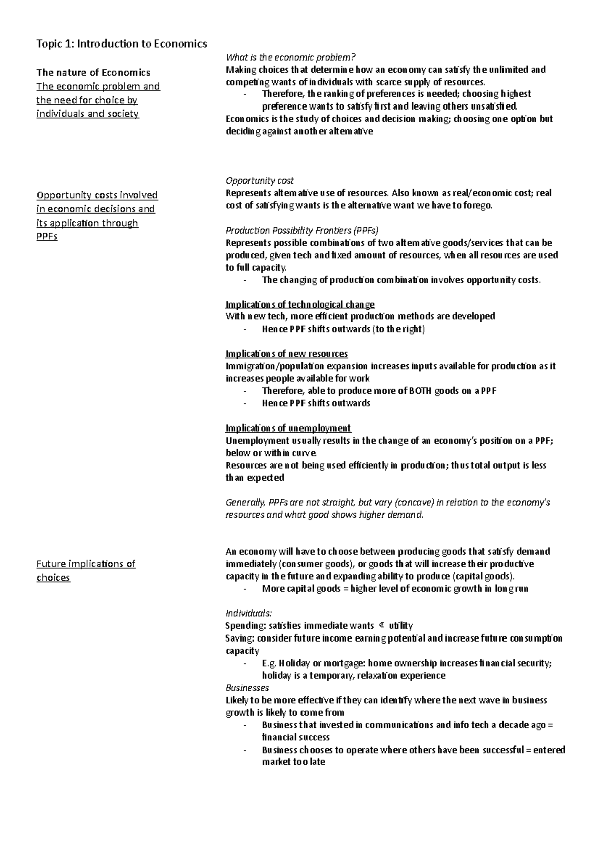 Topic 1 Notes - The nature of Economics The economic problem and the ...