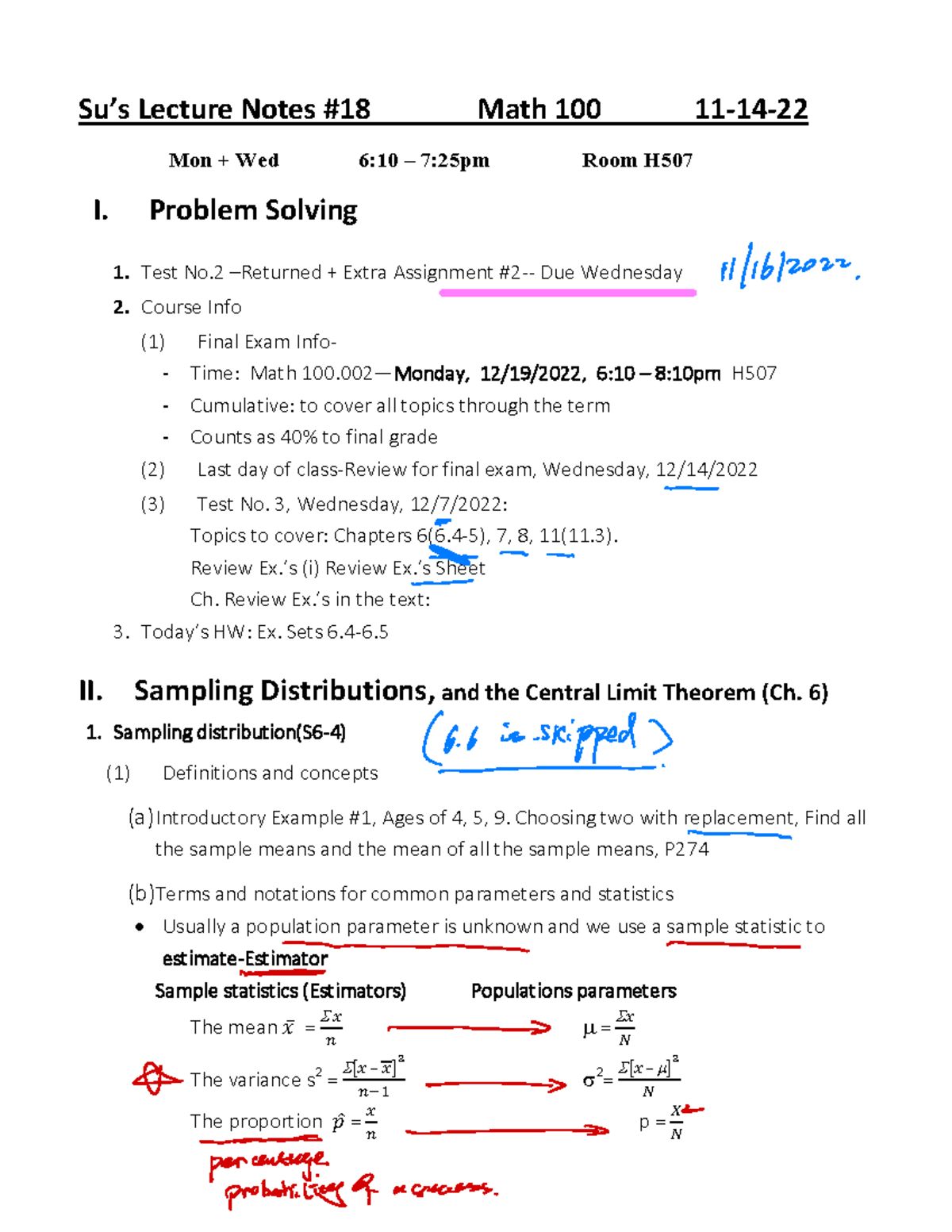 Class Note #18 - Math100 - ^Ƶ͛Ɛ >ĞĐƚƵƌĞ EŽƚĞƐ η 18 Math 100 11-14- Mon ...