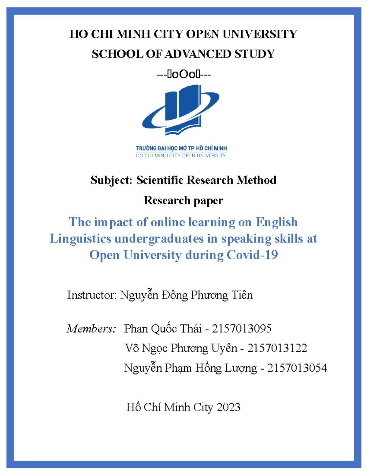 Nckh - nckh - HO CHI MINH CITY OPEN UNIVERSITY SCHOOL OF ADVANCED STUDY ...