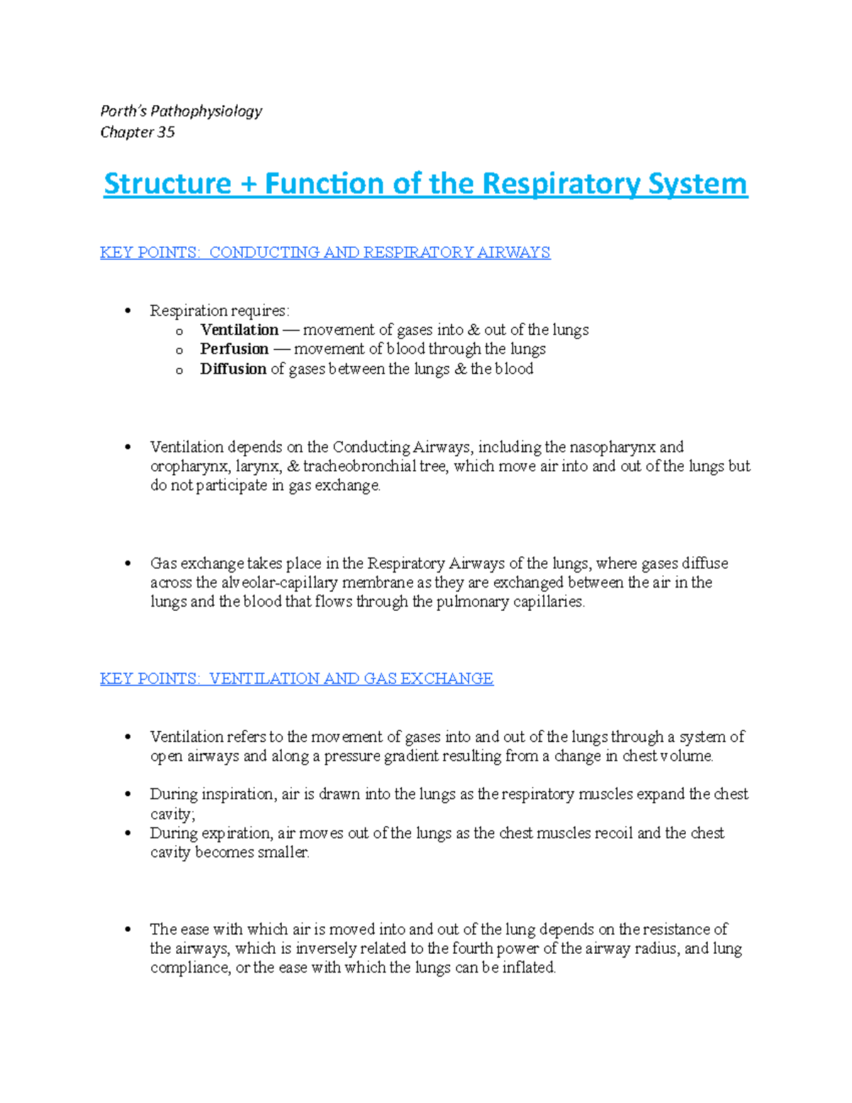Structure Function Of The Respiratory System Ch 35 Key Points Pathophysiology Chapter 35