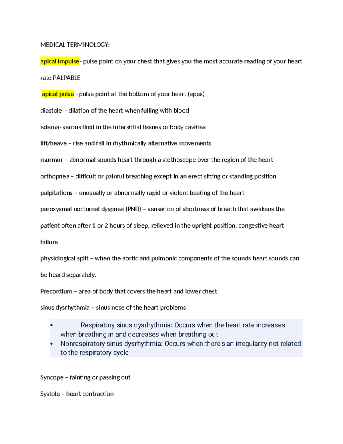 Cardiac Medical Terminology - MEDICAL TERMINOLOGY: apical impulse ...