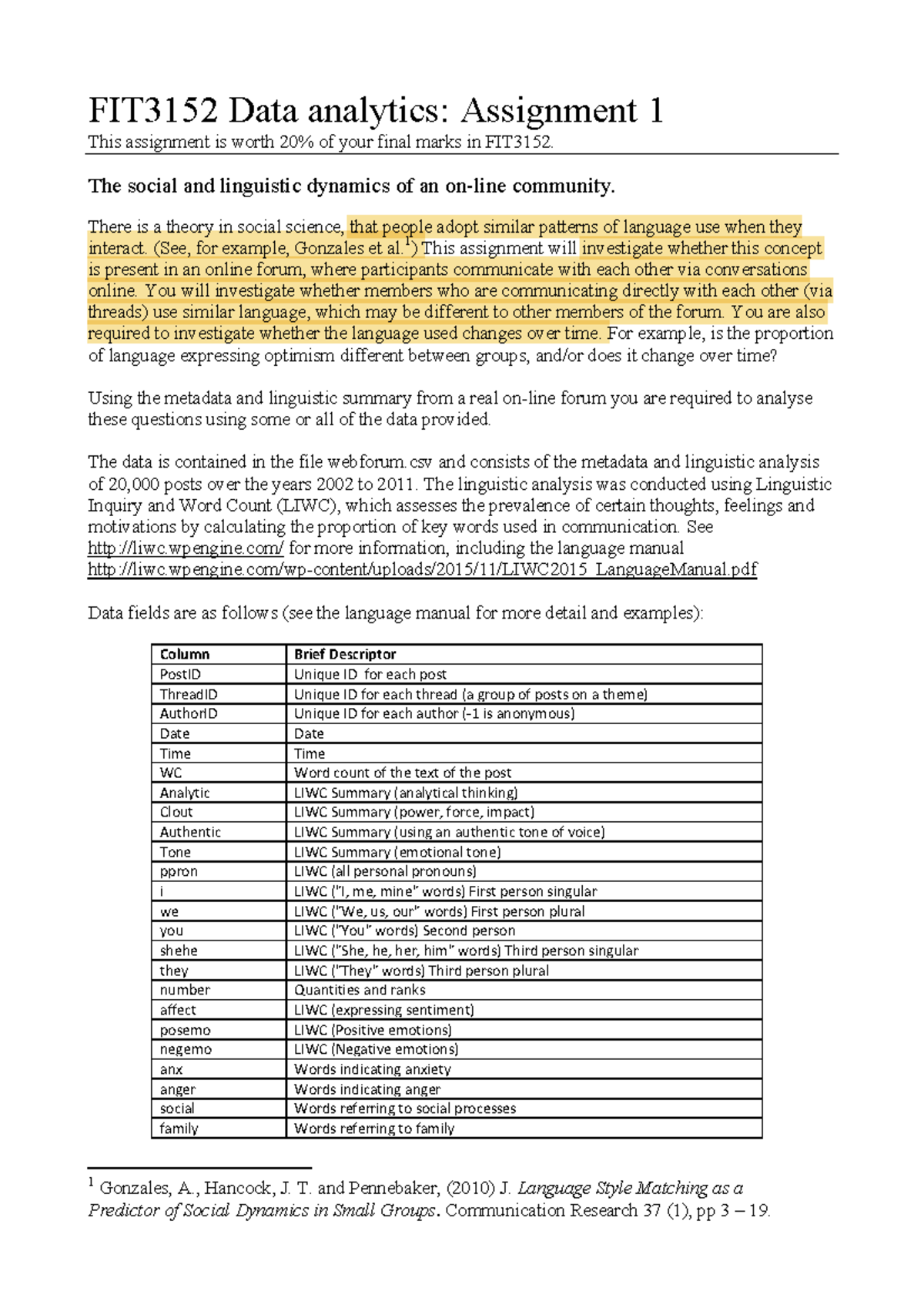 FIT3152 Assignment 01 2018 - FIT3152 Data analytics: Assignment 1 This assignment is worth 20% ...