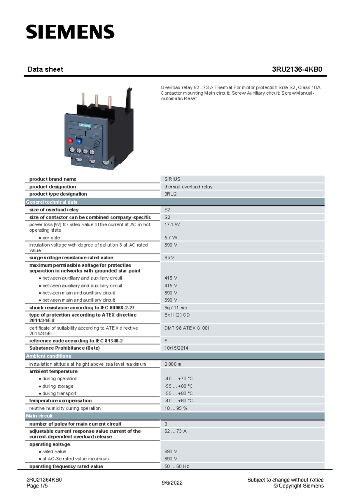 Relay nhiet - Data sheet 3RU2136-4KB Overload relay 62.. A Thermal For ...