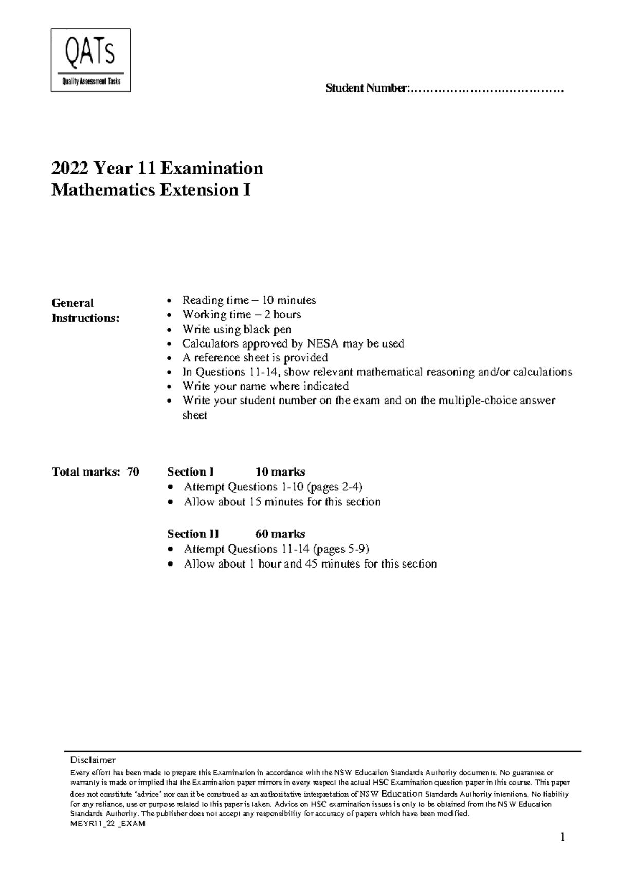 2022 QATS Y11 Maths Ext 1 Qns - Disclaimer Every effort has been made ...