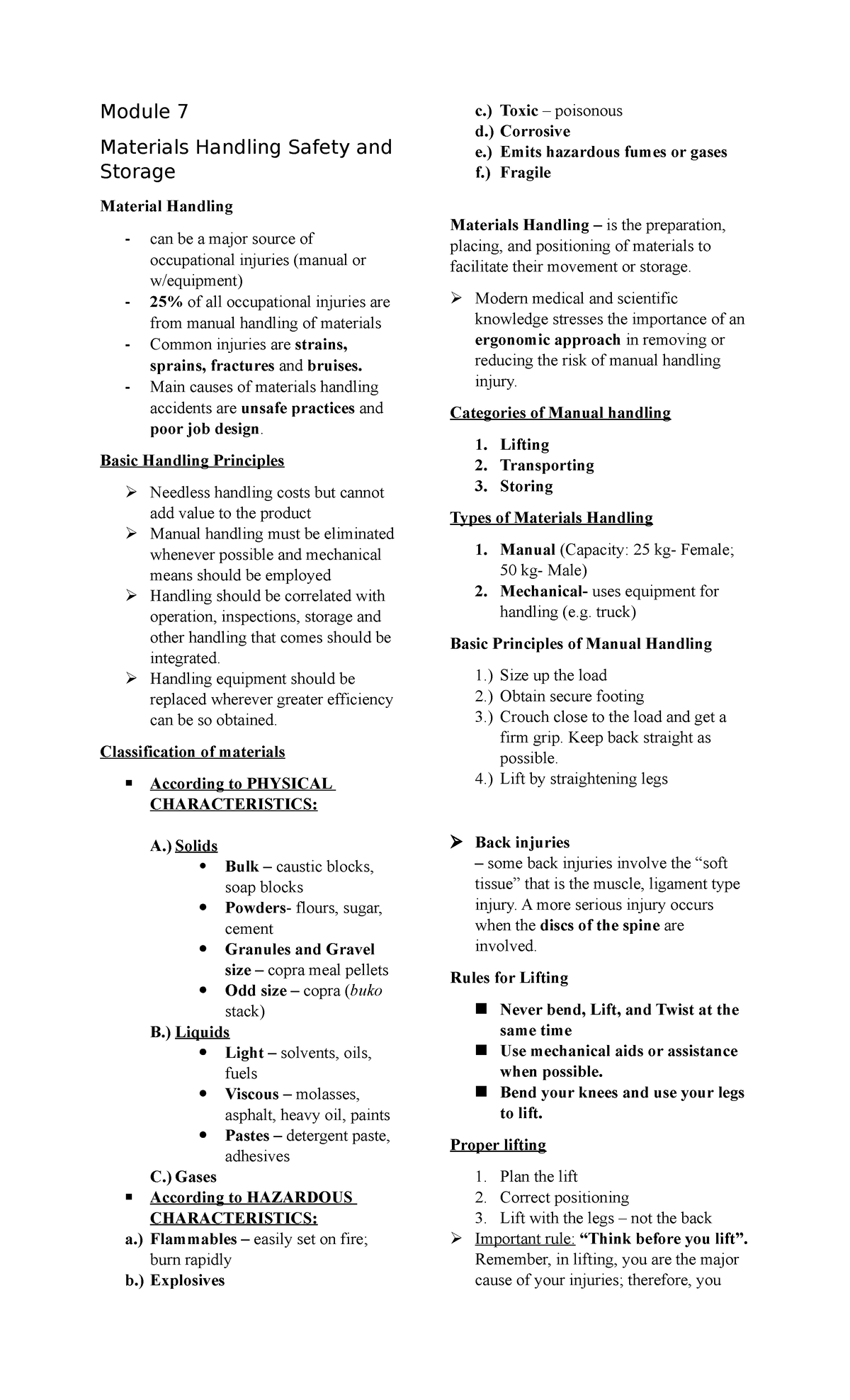 Module-7-BOSH - Module 7 Notes - Module 7 Materials Handling Safety and ...