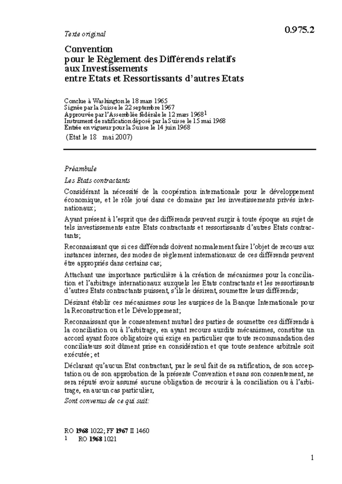 Convention Cirdi - Texte original Convention pour le Règlement des ...
