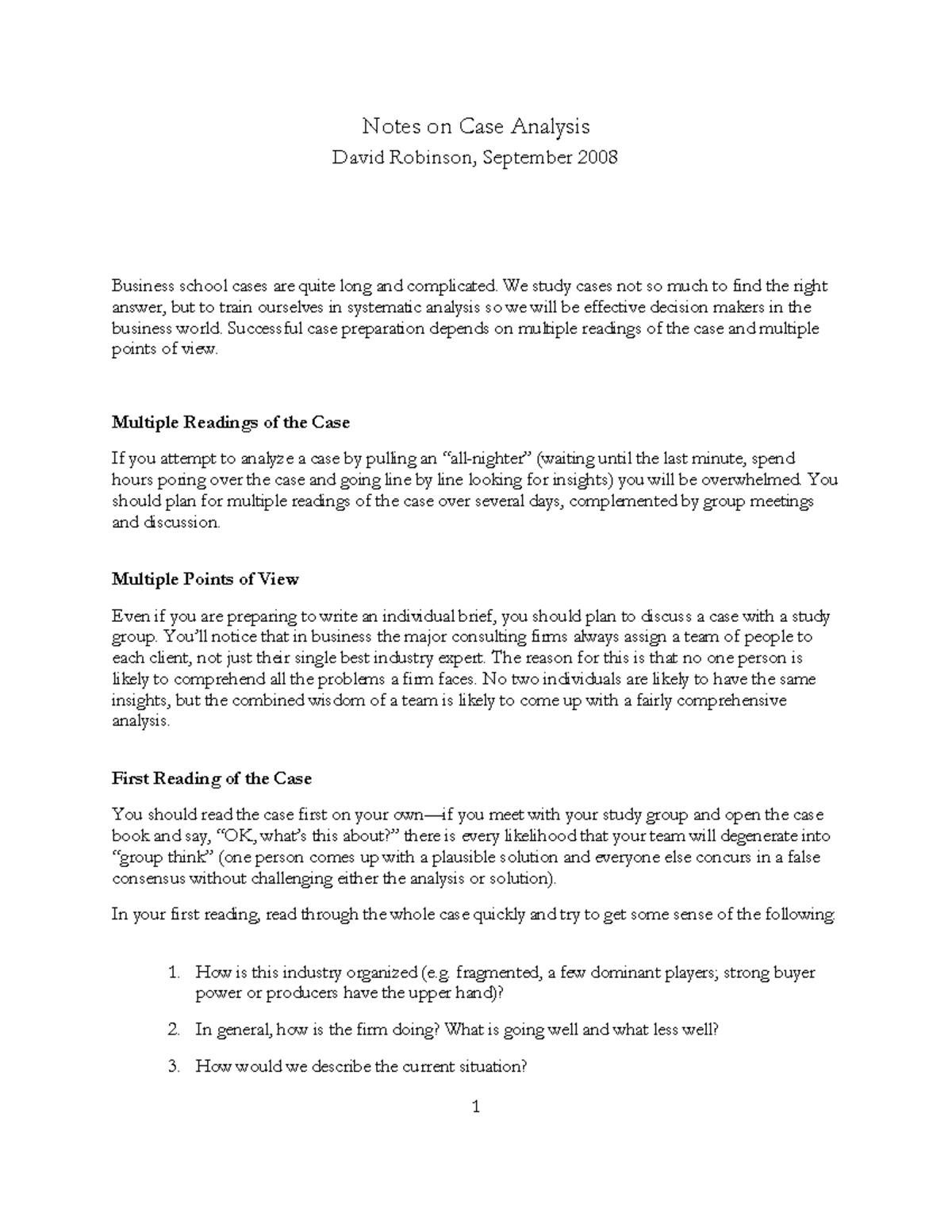 Case Analysis - Case method - Notes on Case Analysis David Robinson ...