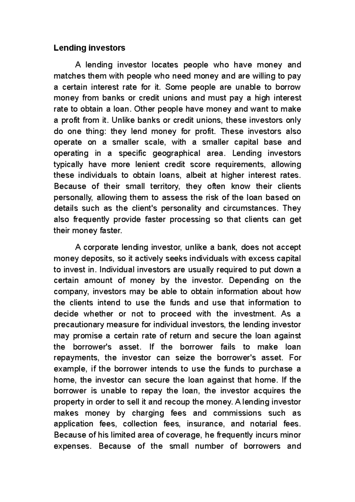 What is Lending investors? - Lending investors A lending investor ...