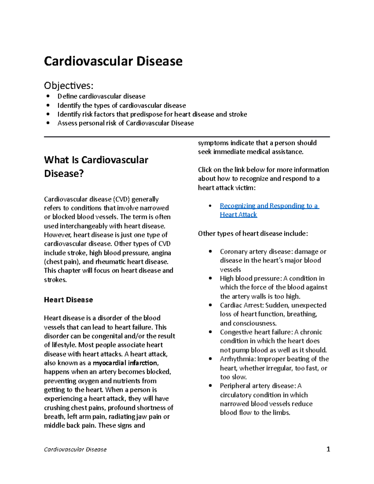 Cardiovascular disease - Cardiovascular Disease Objectives: Define ...