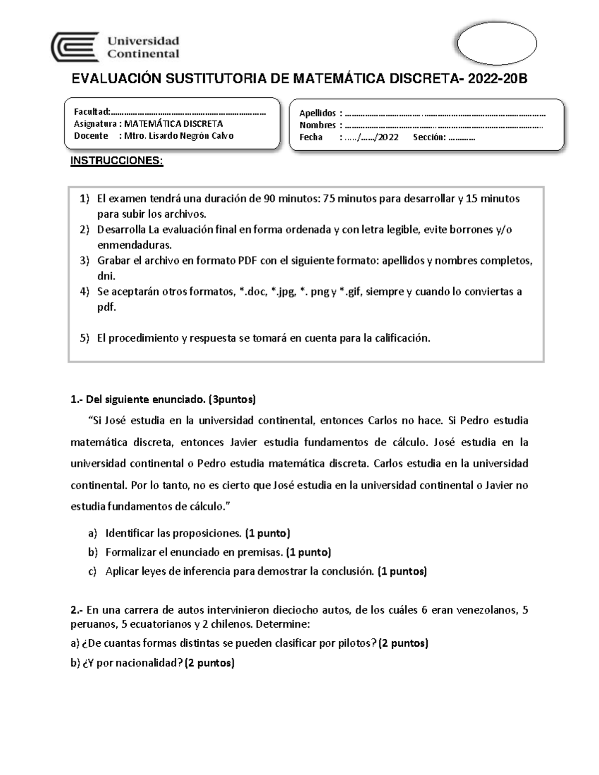 Evaluación Sustitutoria Matematica Discreta 2022 20B NRC 12491 Y 12480 - EVALUACIÓN SUSTITUTORIA ...