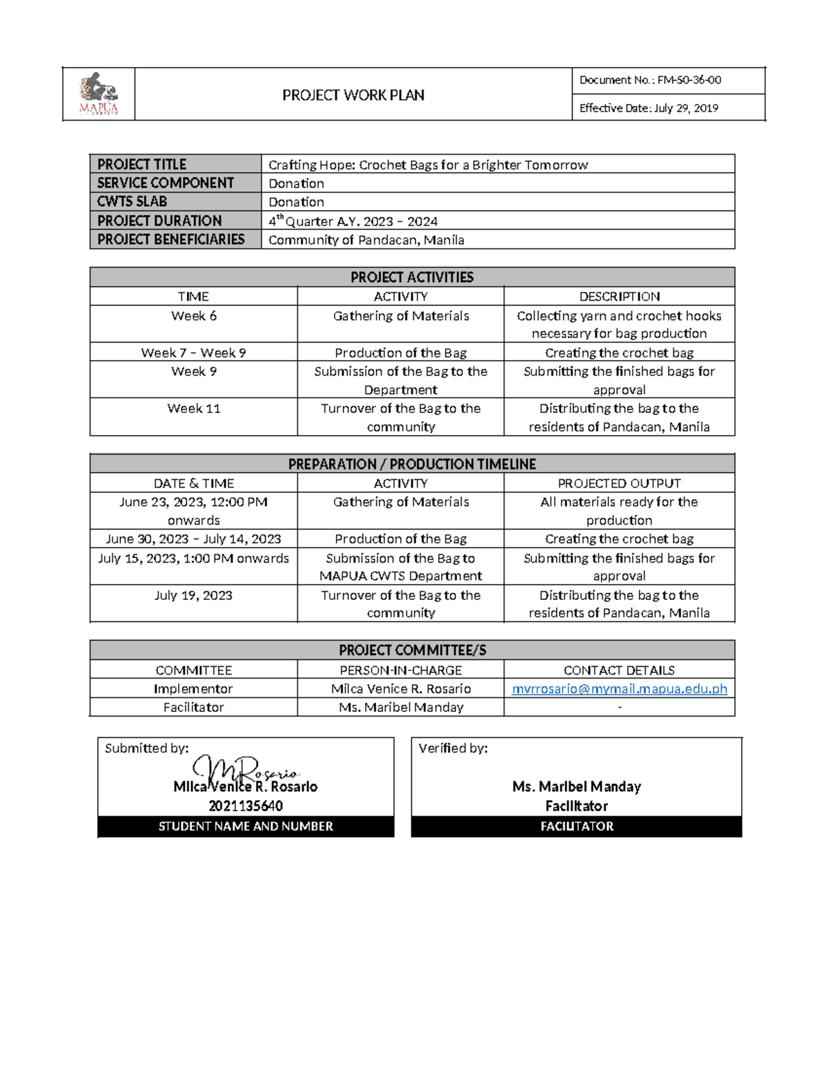 Project Work Plan Form - not applicable - PROJECT WORK PLAN Document No ...