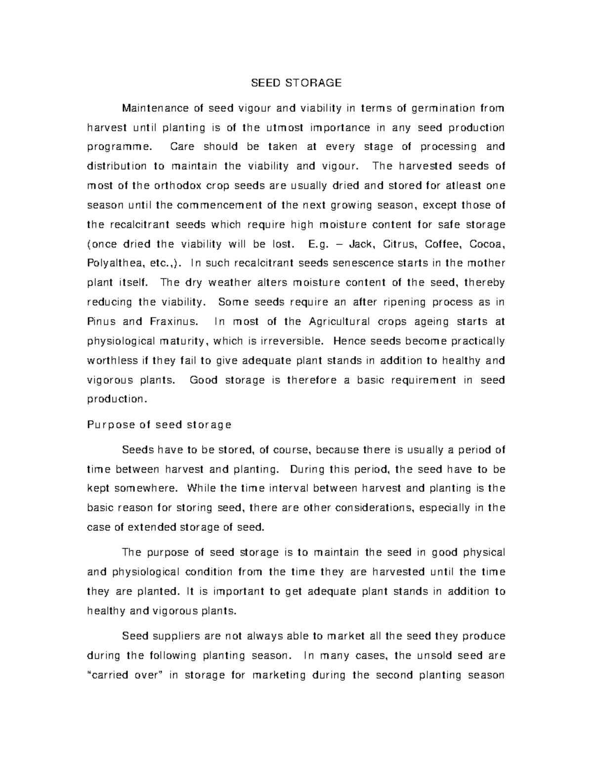 SEED Storage - SEED STORAGE Maint enance of seed vigour and viabilit y ...