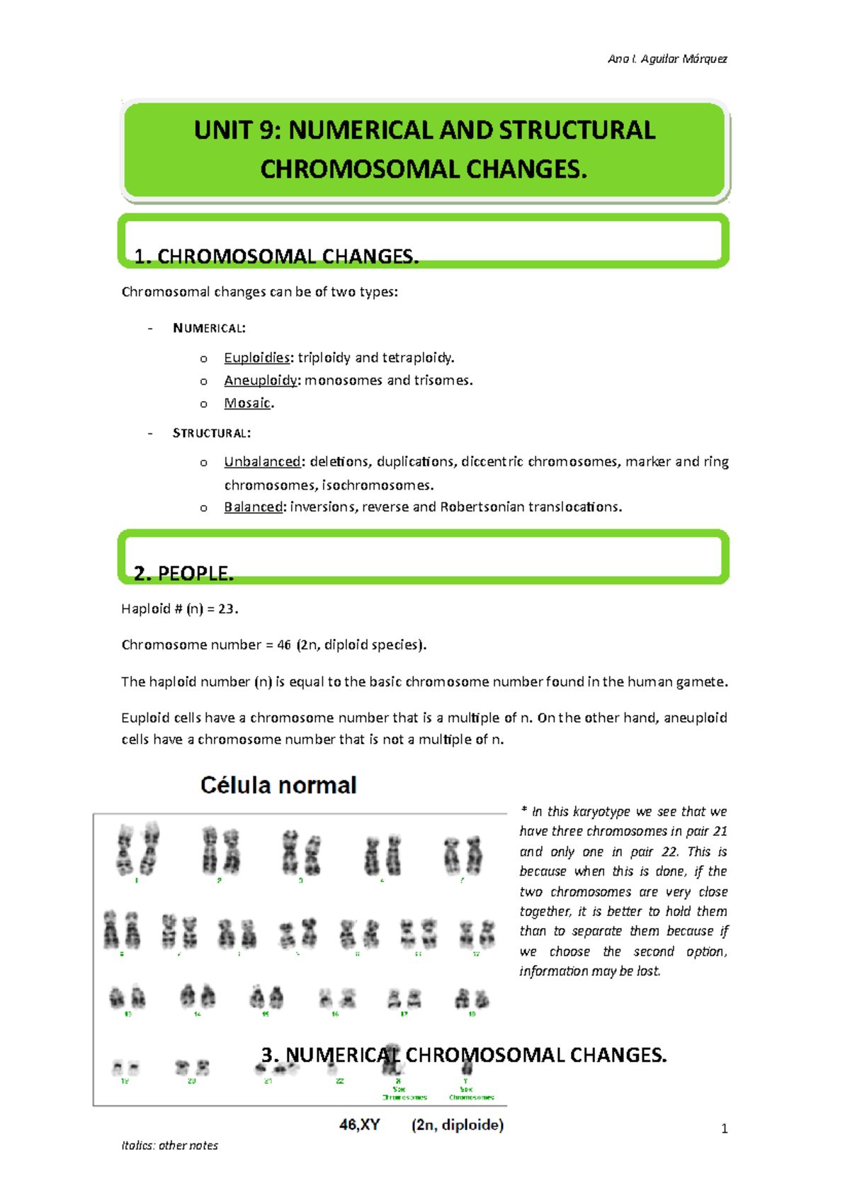 Lesson 9 - Lecture notes 9 - Chromosomal changes can be of two types ...