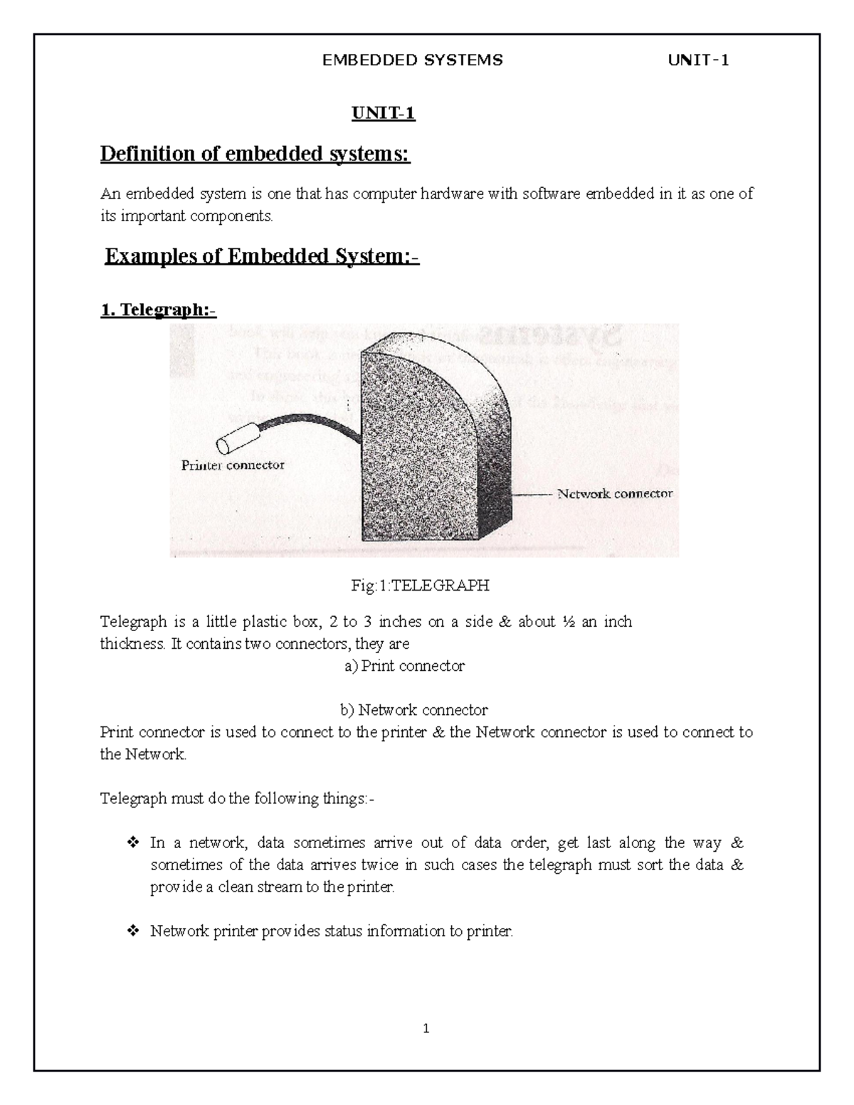 UNIT1 - ES,BDA,AI,CSDF 4th year - UNIT- Definition of embedded systems: An embedded system is ...