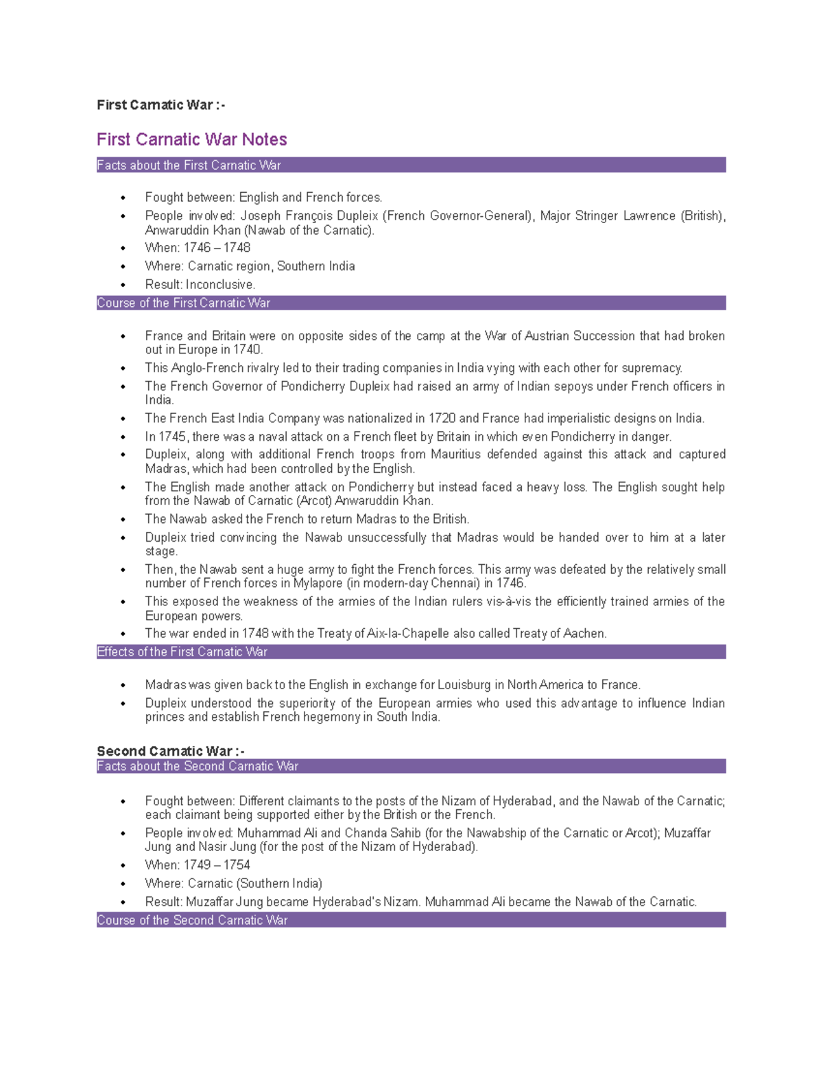 The Carnatic Wars - Modern History - Studocu
