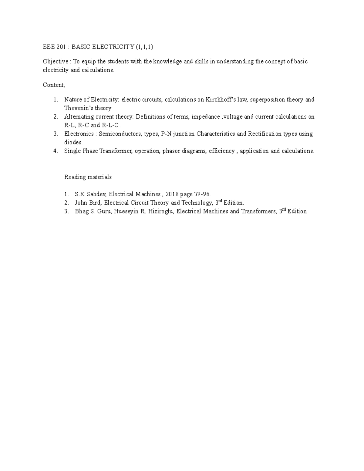 Basic Electricity Syllabus Oil and Gas Dept - EEE 201 : BASIC ...