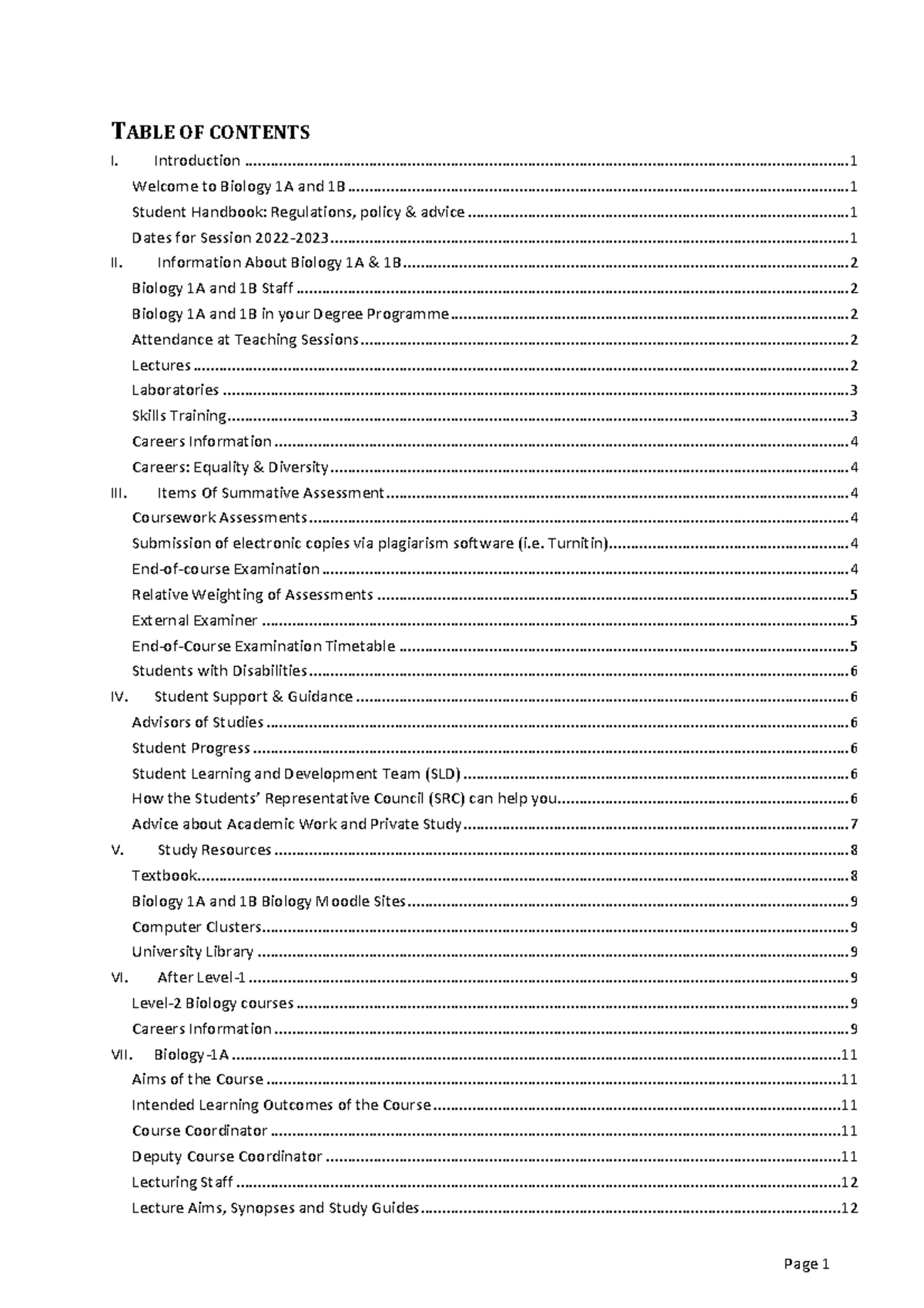 2022-23 Level-1 Biology - TABLE OF CONTENTS I. Introduction Welcome to ...