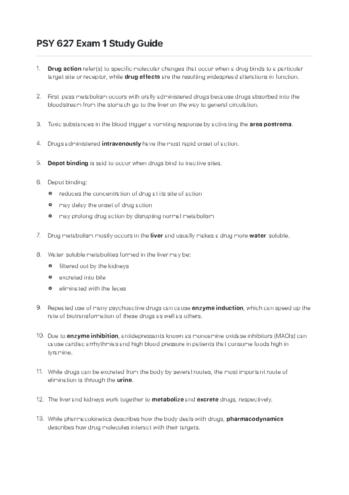 PSY 627 Exam 1 Study Guide - PSY 627 Exam 1 Study Guide Drug action ...