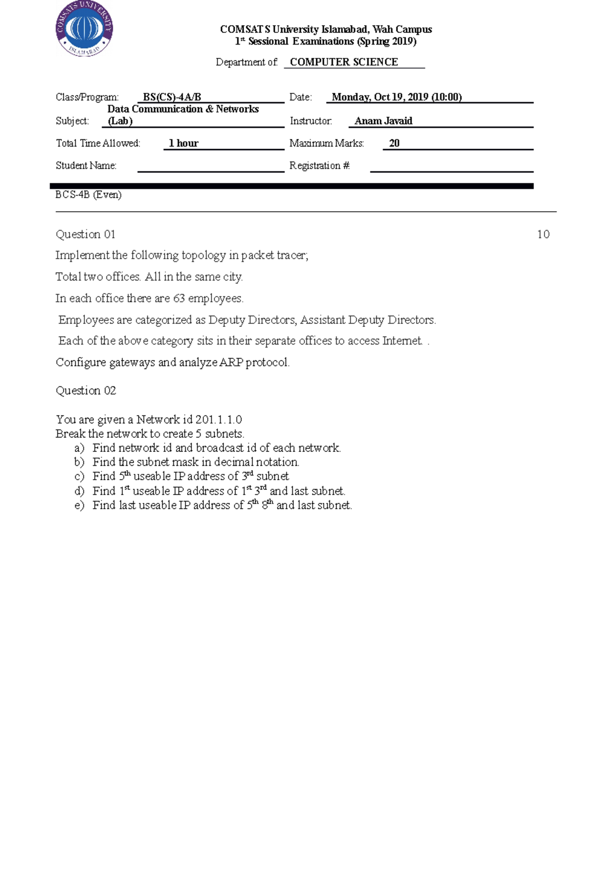 Exam 19 October 2020, questions - COMSATS University Islamabad, Wah ...