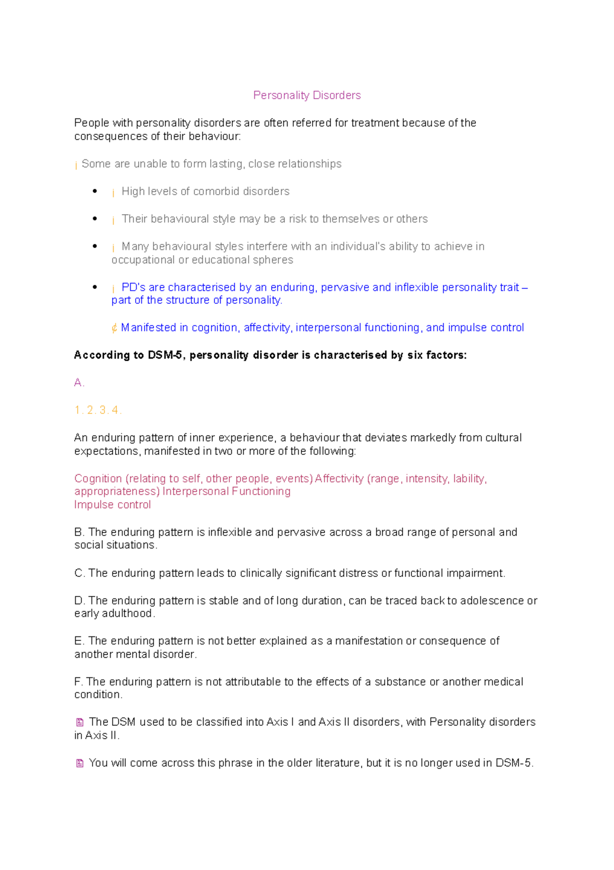 Personality Disorders notes - Personality Disorders People with ...