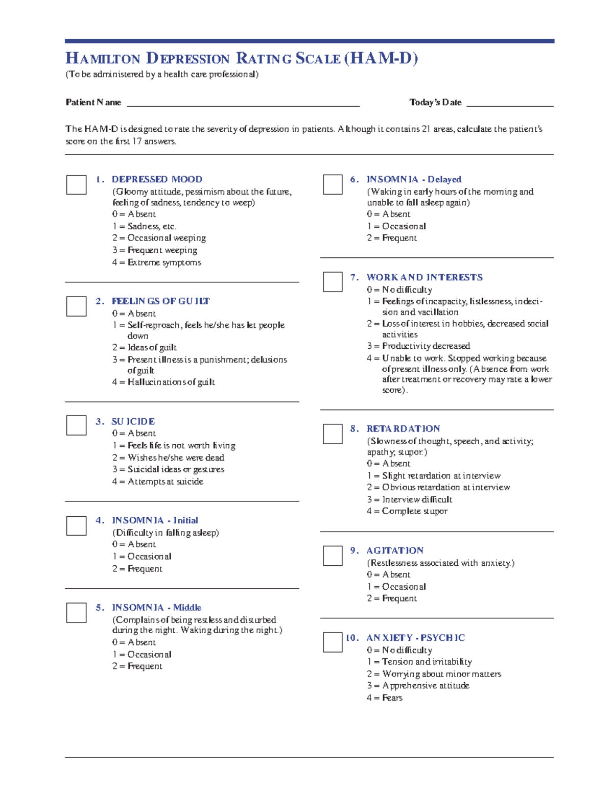 HAM-D - Summary Psychopathology - HAMILTON DEPRESSION RATING SCALE (HAM ...