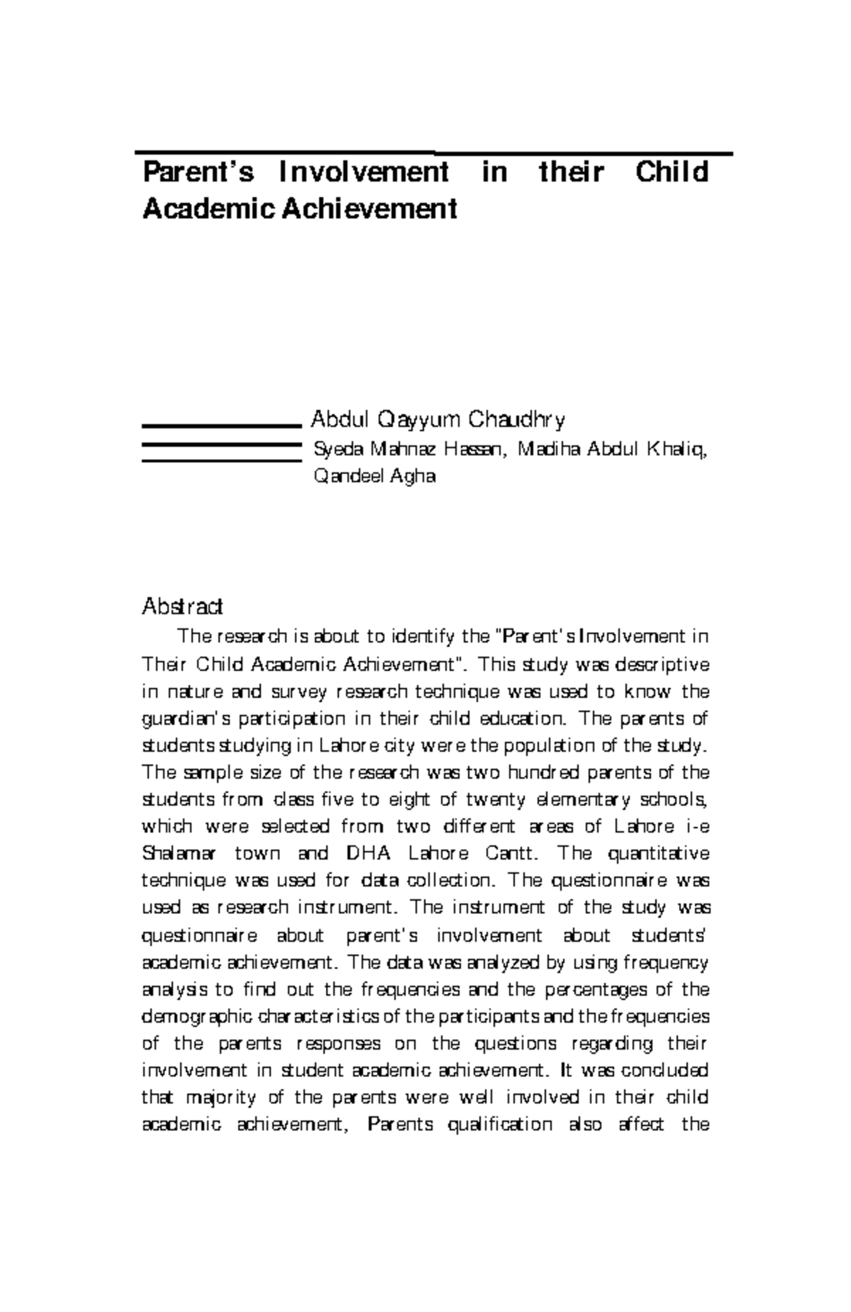 1.Parent's Involvement - Parent’s Involvement in their Child Academic ...