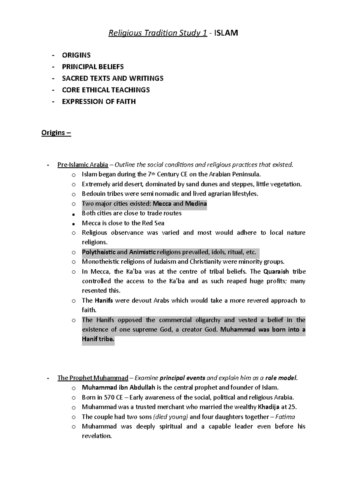 Prelim RE Notes - Religious Tradi Study 1 - ISLAM - ORIGINS - PRINCIPAL ...