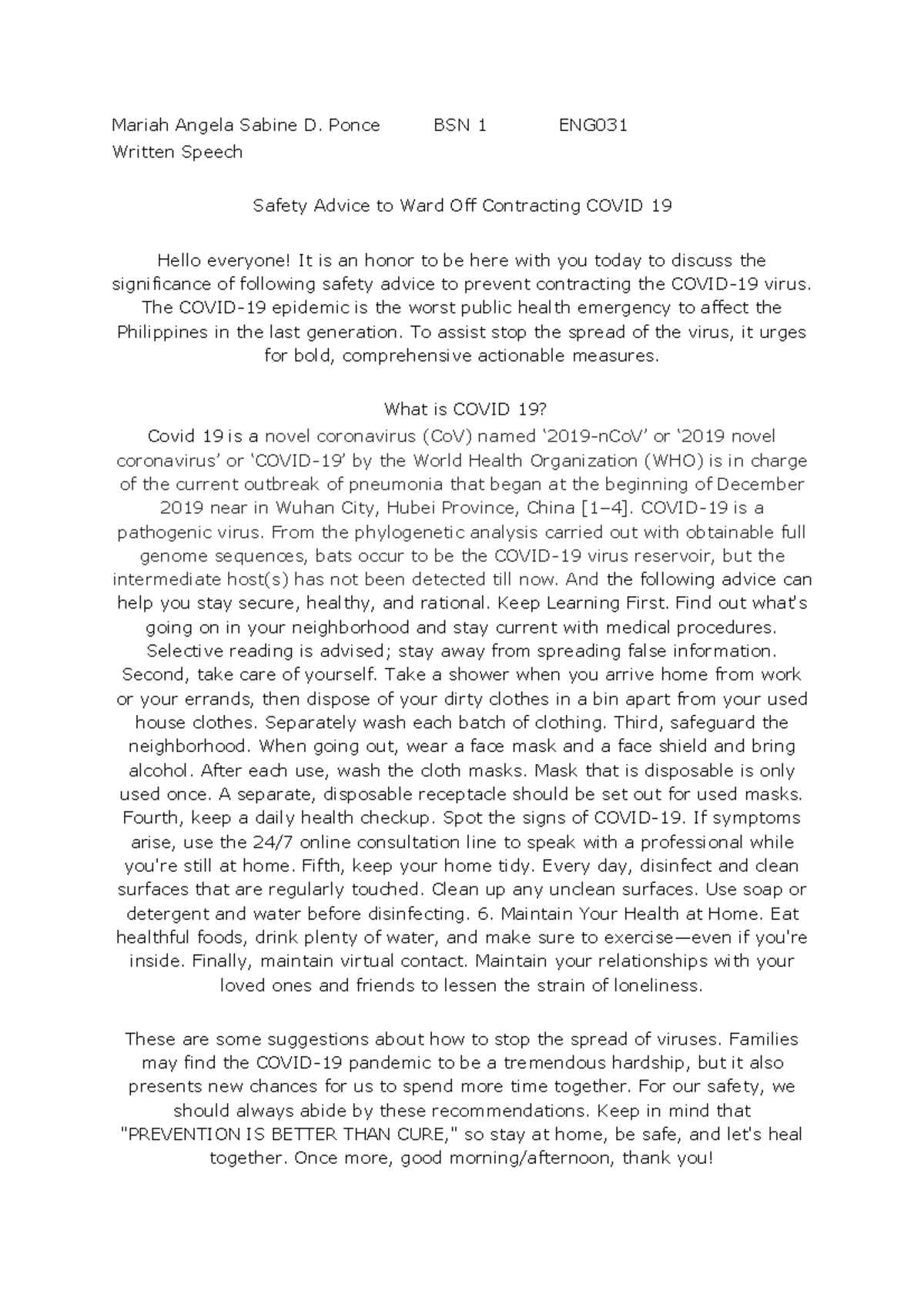 Wrritten Speech - notes - Mariah Angela Sabine D. Ponce BSN 1 ENG ...