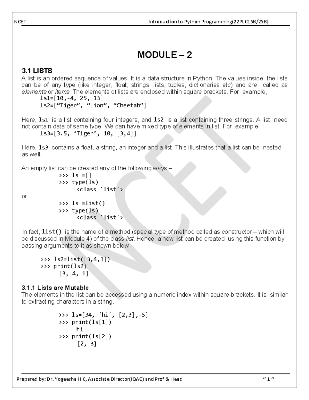 Python Programming Module 2 Notes Ncet Python Application