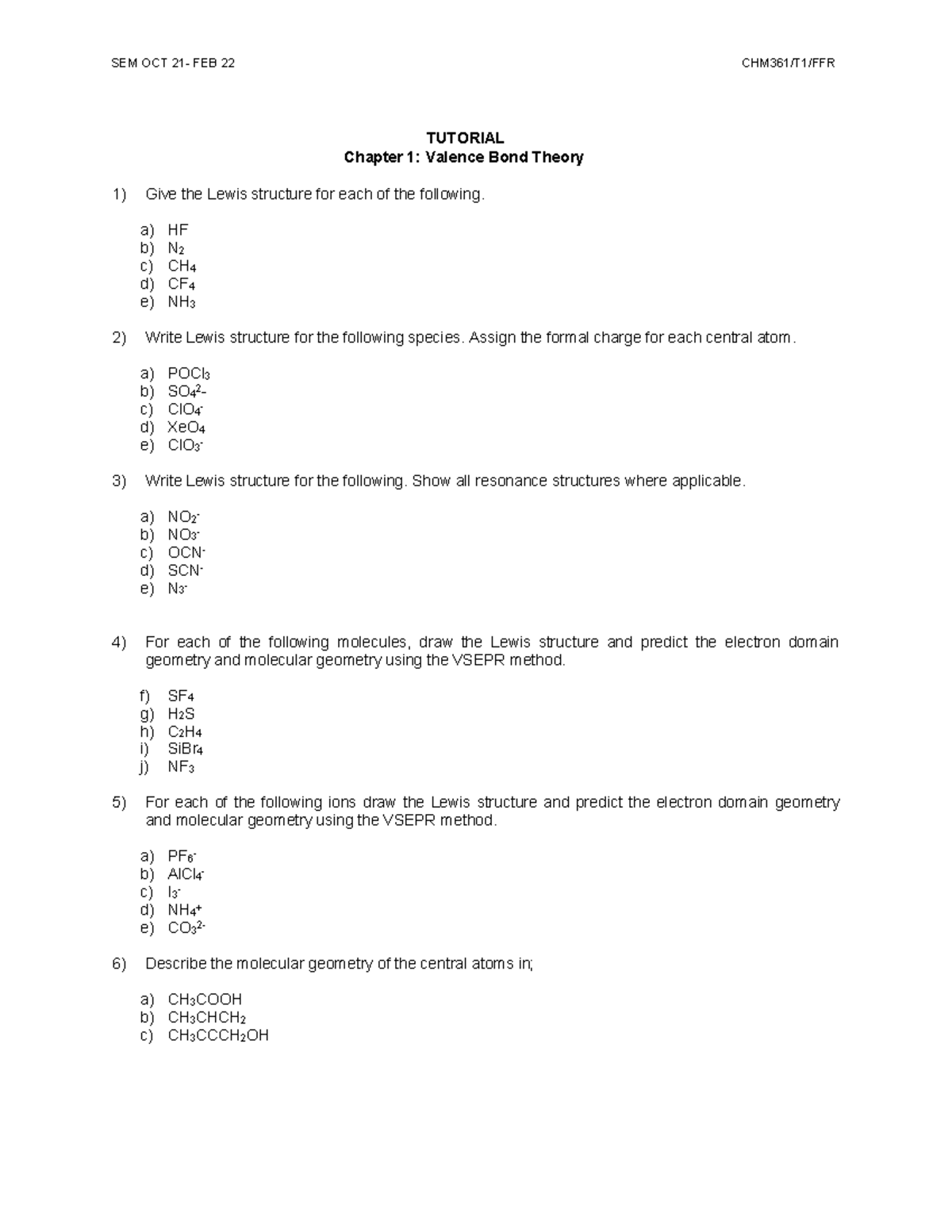 Tutorial 1 - tuto - SEM OCT 21- FEB 22 CHM361/T1/FFR TUTORIAL Chapter 1 ...