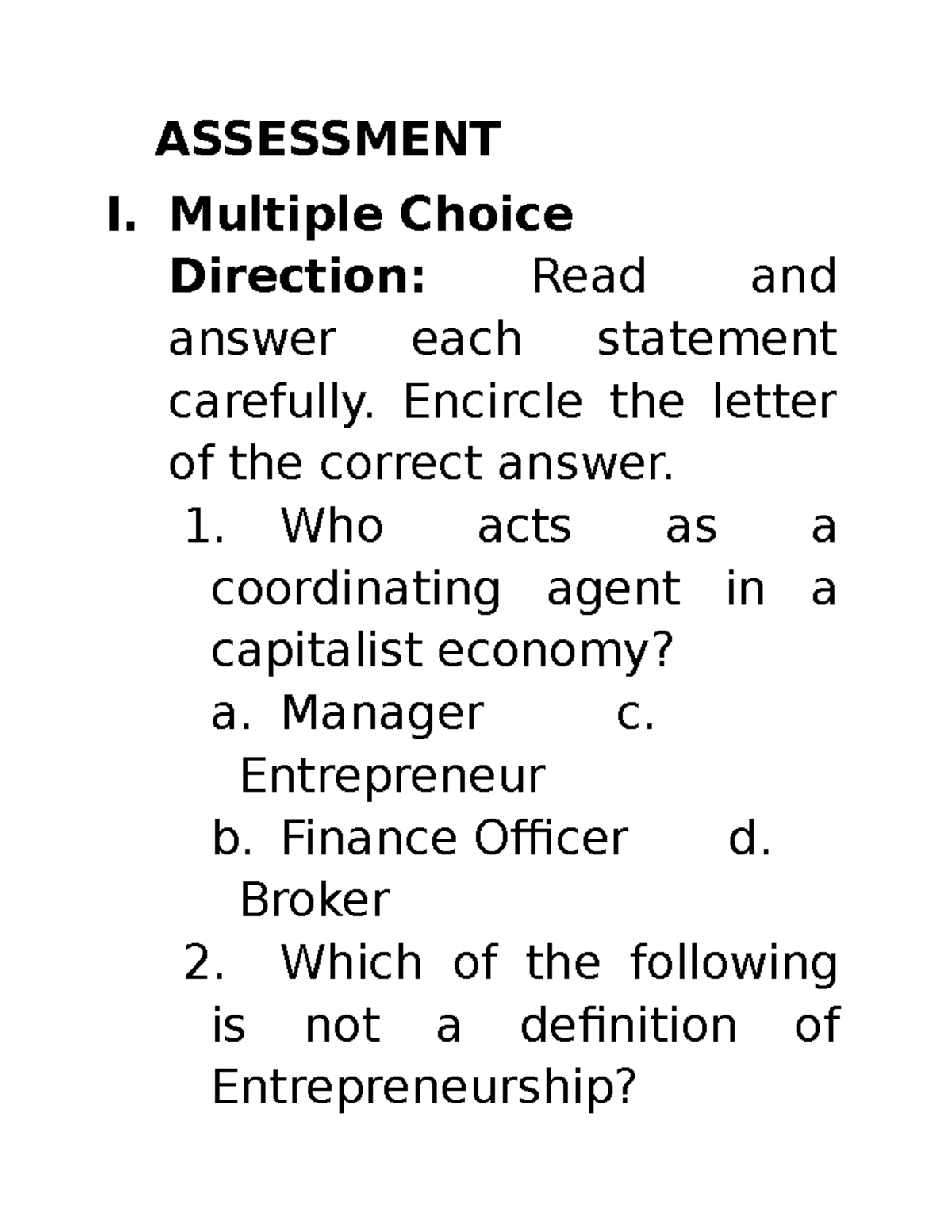Assessment 1 - ASSESSMENT I. Multiple Choice Direction: Read and answer ...