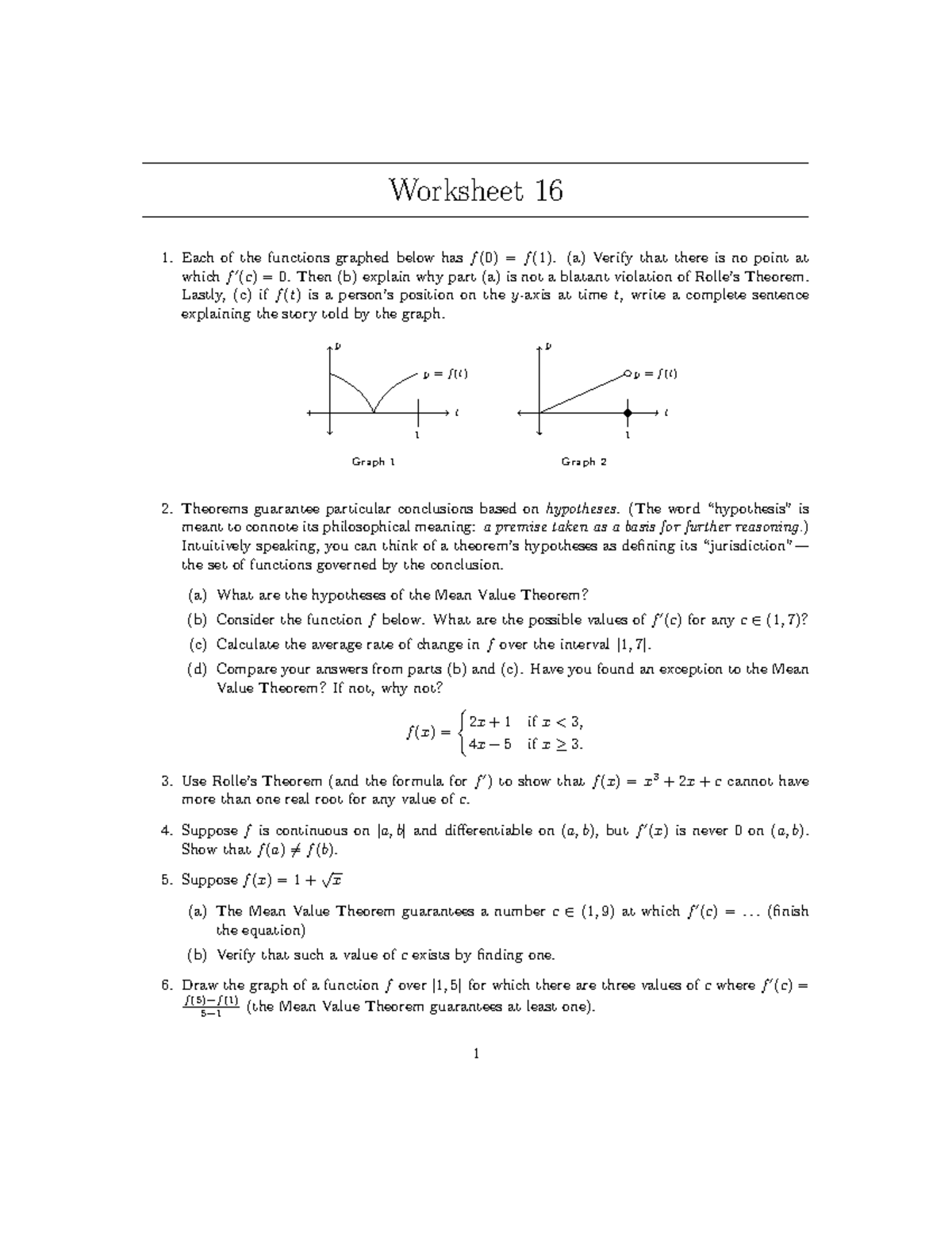 WS16 - Rolle's Theorem and the Mean Value Theorem (MVT) - Worksheet 16 ...