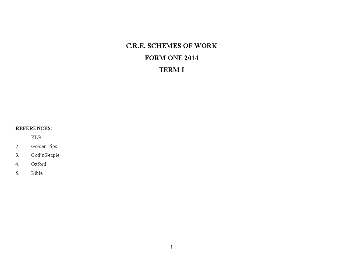 Cre scheme form 1 - Right notes - C.R. SCHEMES OF WORK FORM ONE 2014 ...